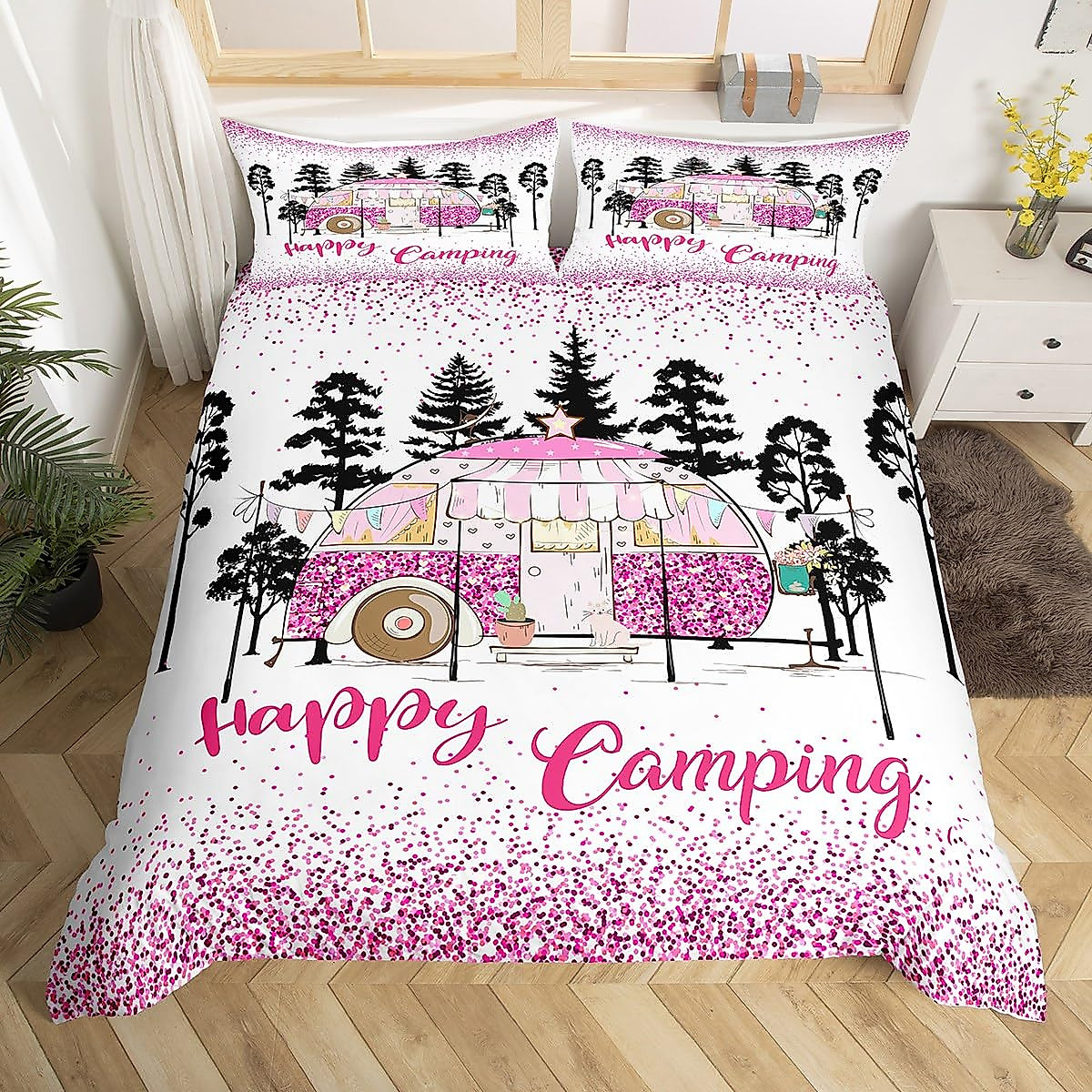 Feelyou Camper Duvet Cover Twin Size with 1 Pillow Case Happy Camping Duvet Cover Set Pink RV Camping Bedding Set Cartoon Cat Comforter Cover for Boys Girls Kids Adults