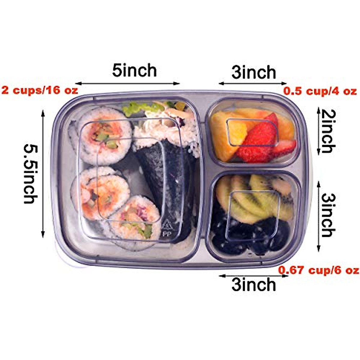 Youngever 8 Pack Bento Lunch Box, Meal Prep Containers, Reusable Plastic Divided Food Storage Container Boxes (3-Compartment)