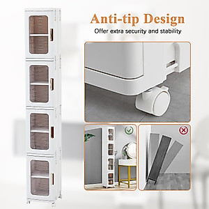 VECELO 4-Tier Tall Narrow Storage Cabinet with Movable Wheels, Adjustable Shelves, Anti-Tip, Slim, for Small Space, Bathroom, Kitchen, Laundry, White