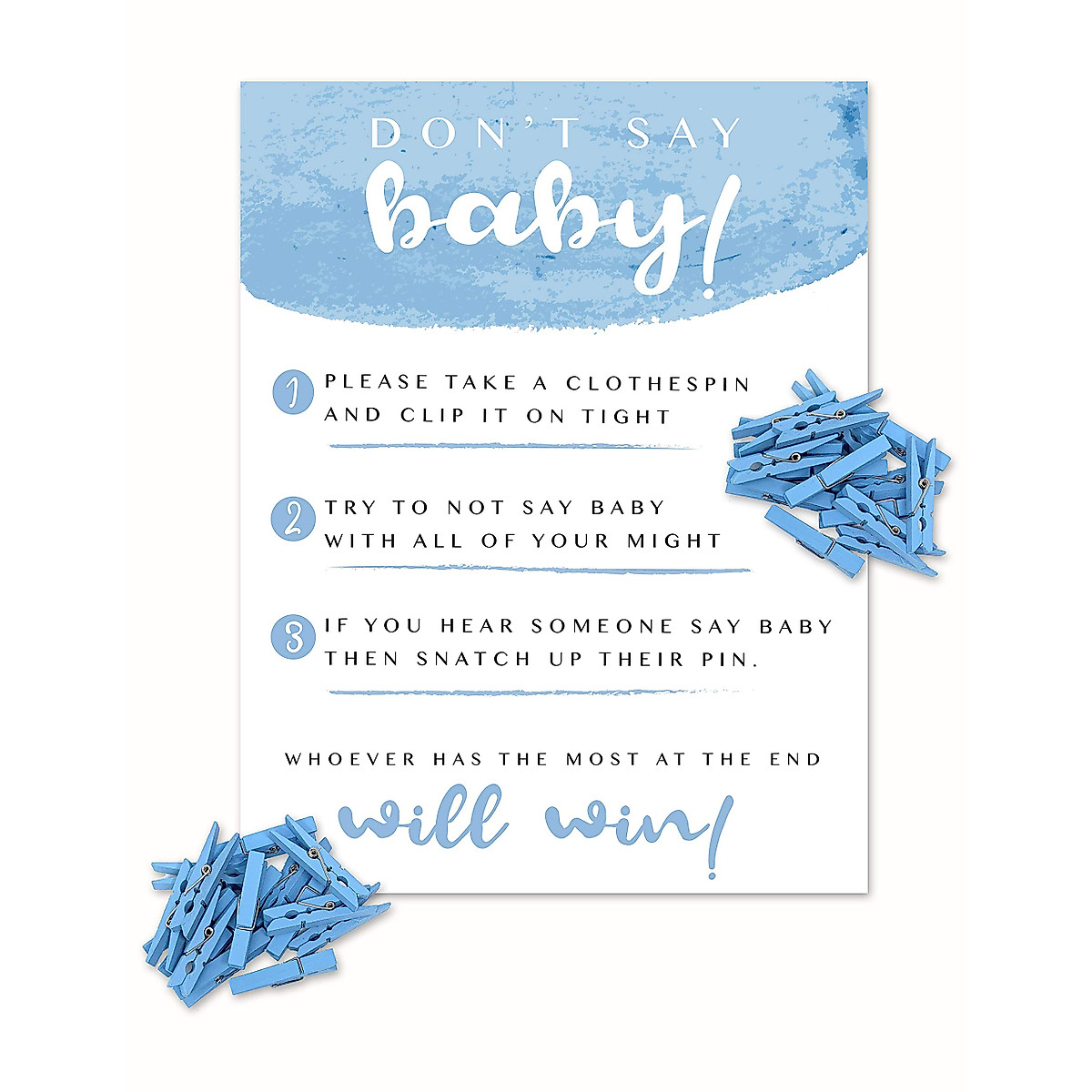 Don't Say Baby Game for Boy with Blue Natural Wooden Clothespins for Baby Shower Pins Game and Cute 5 x 7 Sign - 30 People - by Shower Games & Co.