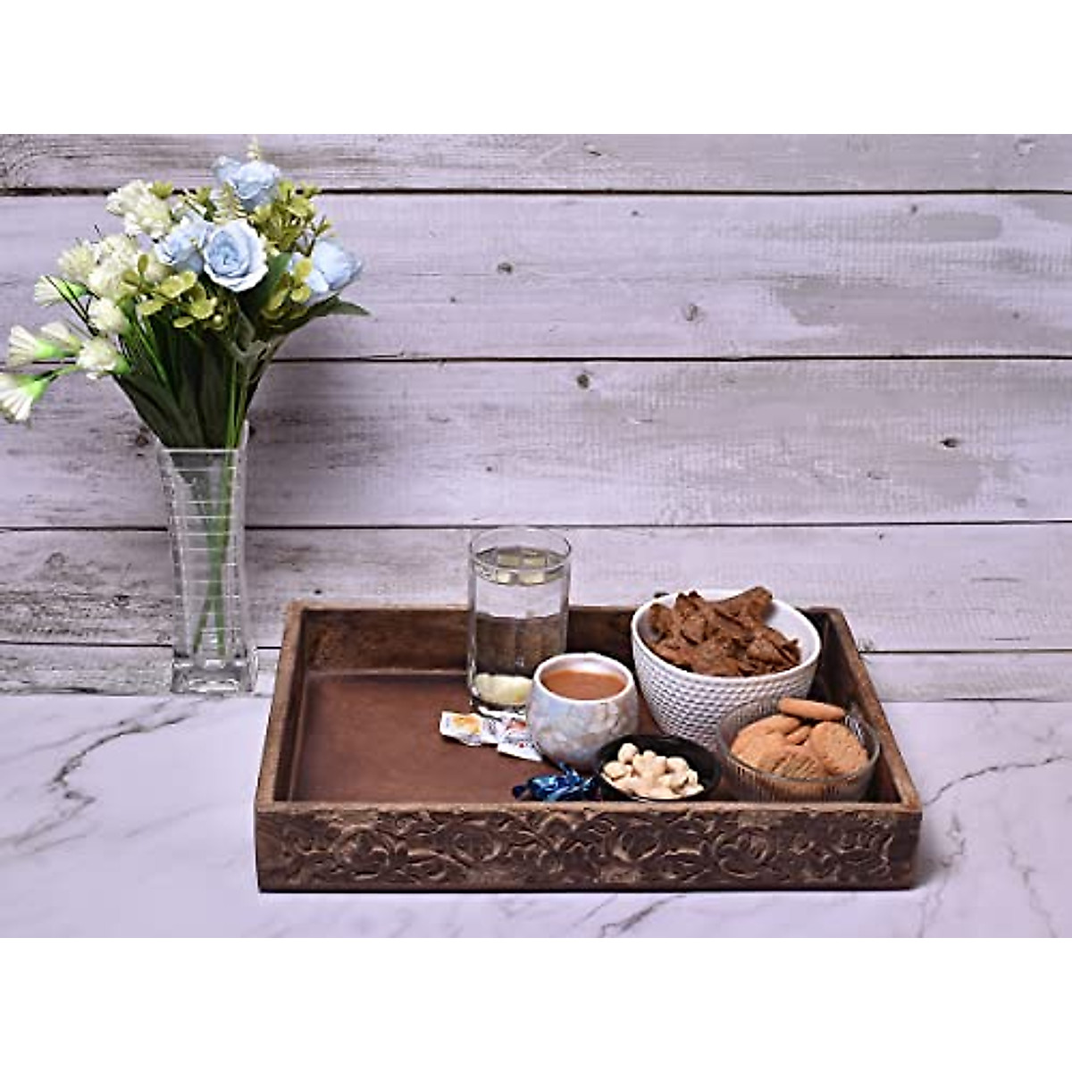 STORE INDYA Hand Carved Wooden Breakfast Serving Tray with Handle for Breakfast Tea Snack Dessert | Kitchen Dining Serve-Ware Accessories | 15 x 10 Inches