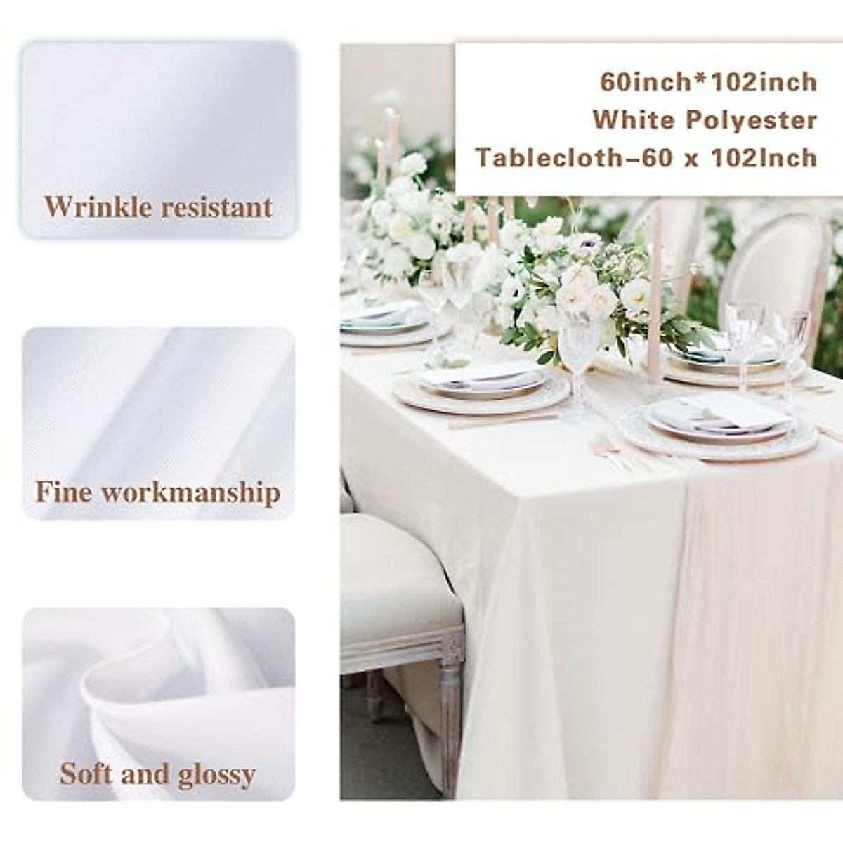 Tablecloth,Polyester Table Cloth, Wrinkle Resistant Washable Polyester Table Cover for Wedding Dining Table Buffet Parties and Camping. (White, 60×102 Inch 6pack)