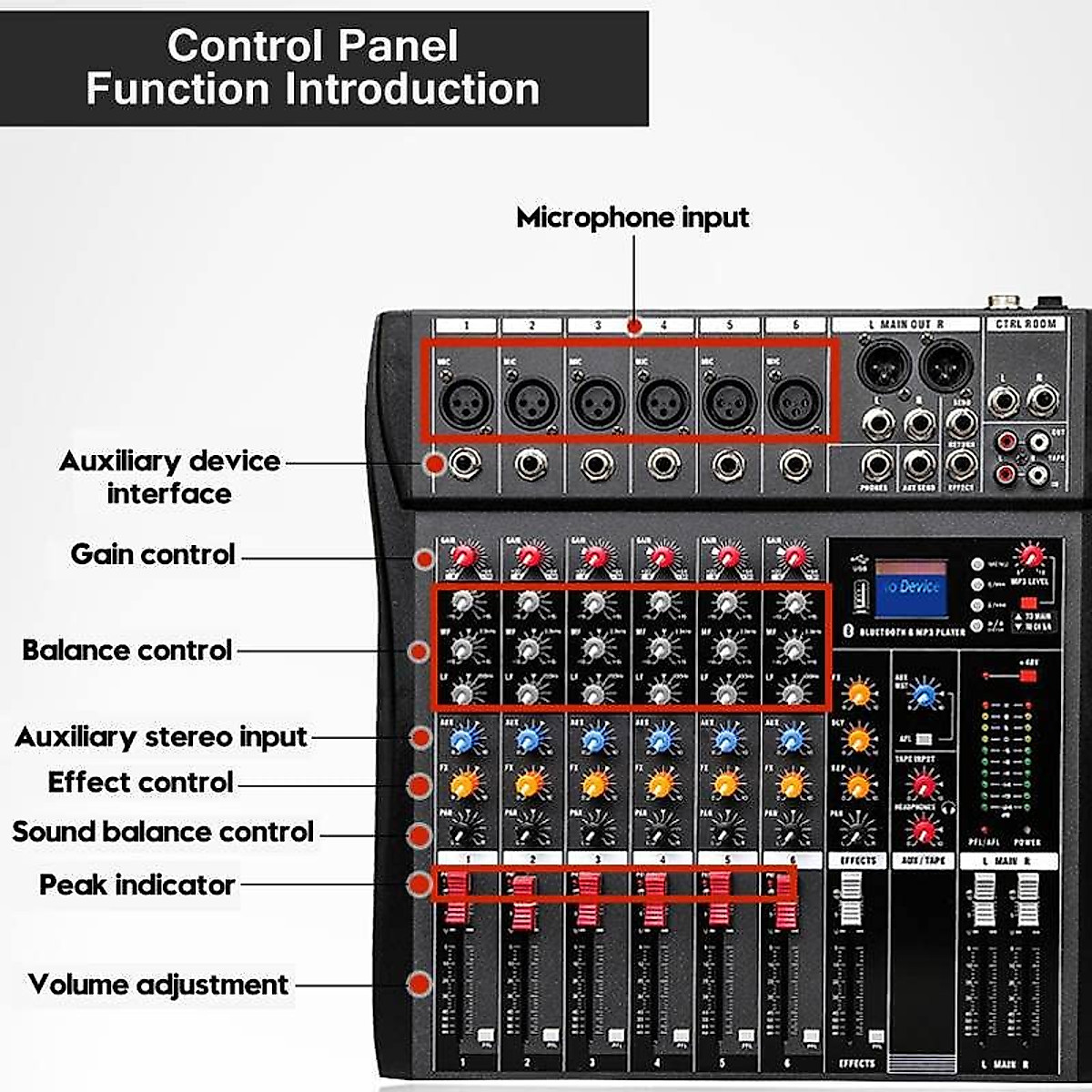 RibasuBB 8 Channel Audio Mixer, Professional Audio Mixer Sound Board Console System Interface 8 Channel with MP3 Player+USB Bluetooth 48V Phantom Power Source Usb Power Stereo DJ Studio Streaming