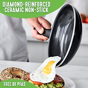 GREENCHEF Diamond Healthy Ceramic Non-Stick 2-Piece Frying Pan Skillet Set, 20 cm and 28 cm, PFAS-Free, Induction Suitable, Oven Safe up to 160˚C, Black