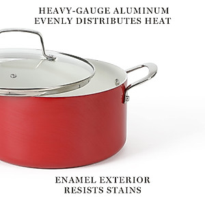 Martha Stewart Lockton Premium Nonstick PFA Free Ceramic Interior 10 Piece Enamel Heavy Gauge Aluminum Pots and Pans Cookware Set - Red