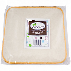 OsoCozy Terry Flannel Baby Wipes. Two Layered. Terry Velour on a Flannel Backing. Unbleached Ivory Color, 100% Cotton. 3 Attractive Stitching Colors Per Pack - 12 per Pack.