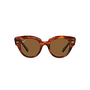 Ray-Ban Women's Rb2192f Roundabout Low Bridge Fit Round Sunglasses, Striped Havana/Polarized Brown, 47 mm