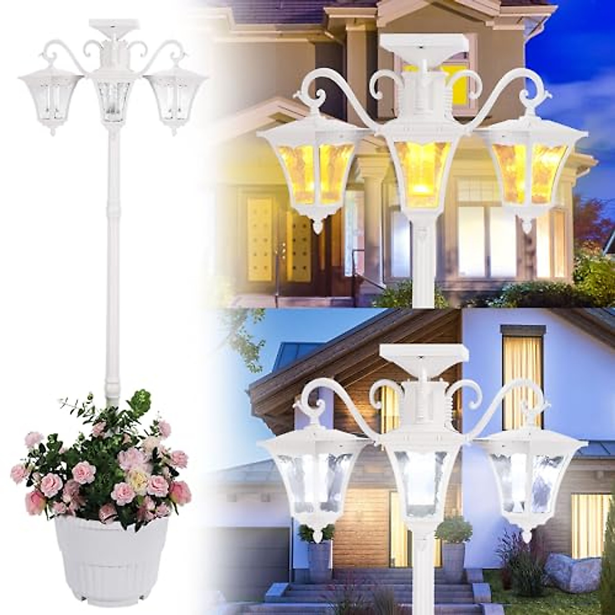 Sun-Ray 312011 Vittoria Three Head Solar Lamp Post and Planter, 7 ft, White