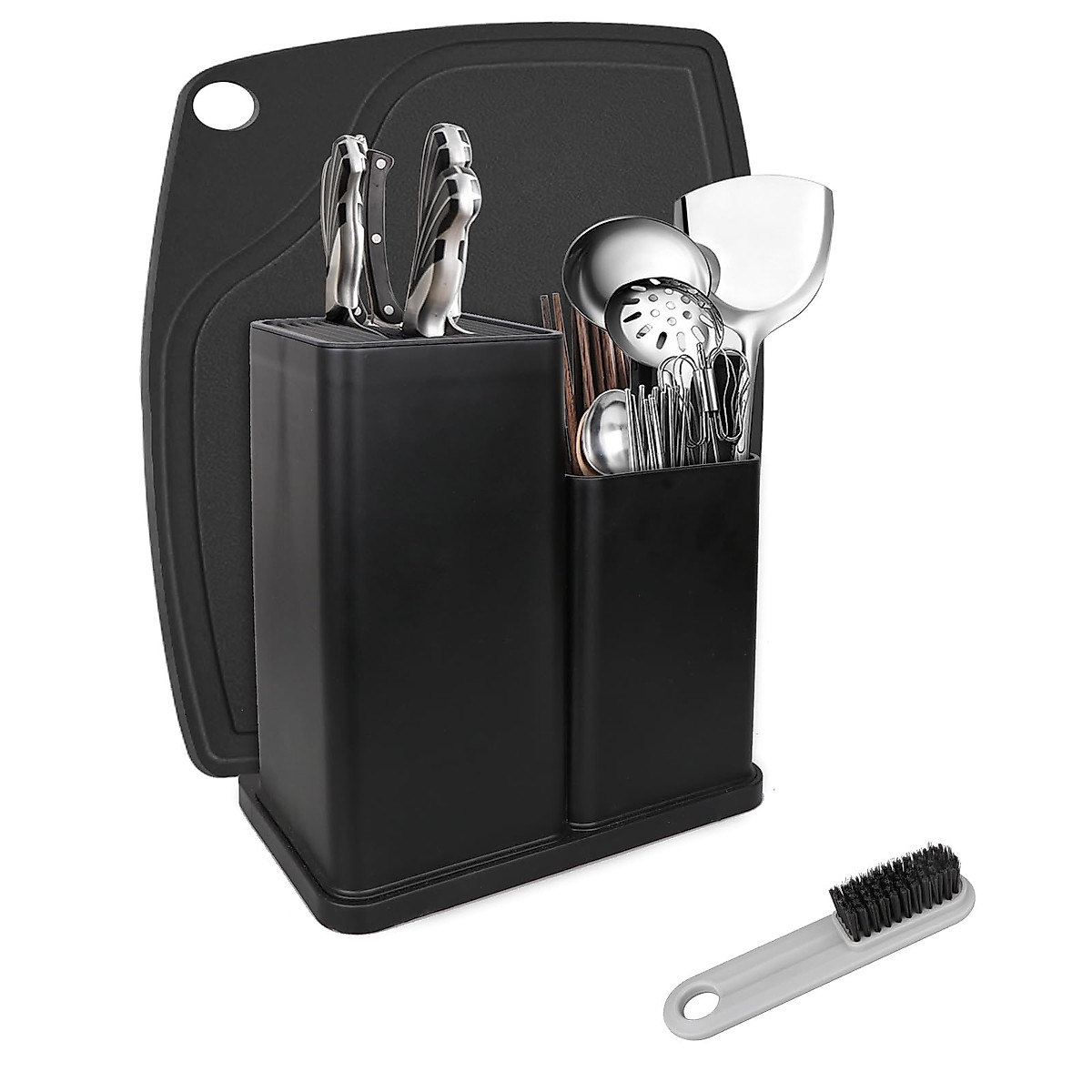 Yimerlen Universal Knife Block, Plastic Universal Knife Holder Block Without Knives, Modern Kitchen Knife Storage Utensils Organizer for Countertop (with Cleaning Brush) (Black)