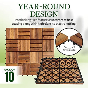 Acacia Wood Interlocking Deck Tiles for Outdoor/Indoor - (Pack of 10) 12"x12" All Weather Balcony Flooring - Snap Click Together Patio Tiles - Portable Waterproof Dance Floor Covering, Outside Walkway