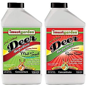 I Must Garden Deer Repellent Concentrate [2 Pack: Mint Scent + Spice Scent] - Natural Deer Spray for Gardens & Plants – Two 32oz Bottles