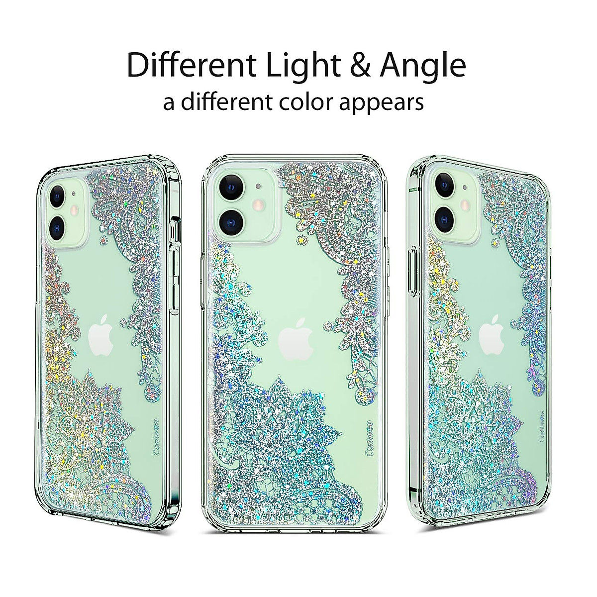 Coolwee Clear Glitter Compatible with iPhone 12 Case Thin Flower Slim Cute Crystal Lace Bling Women Girl Floral Hard Back Soft TPU Bumper Protective Cover for iPhone 12 Pro Mandala Henna Sparkle