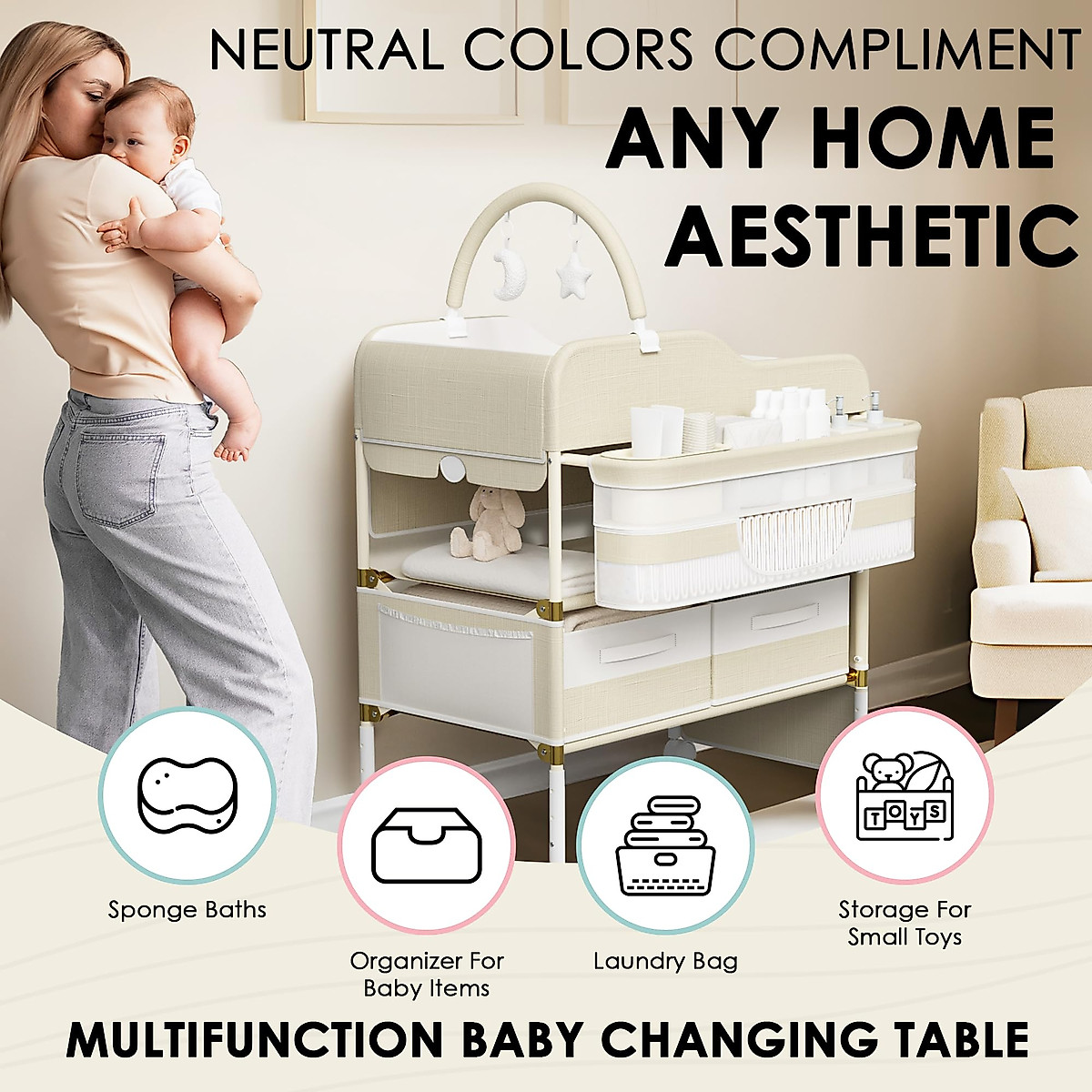 Portable Baby Changing Table with Wheels - Modern Dresser Changing Tables w/Hanging Toys, Laundry Bag, Changing Table Organizer Boxes - Folding Waterproof Baby Diaper Changing Station for Nursery