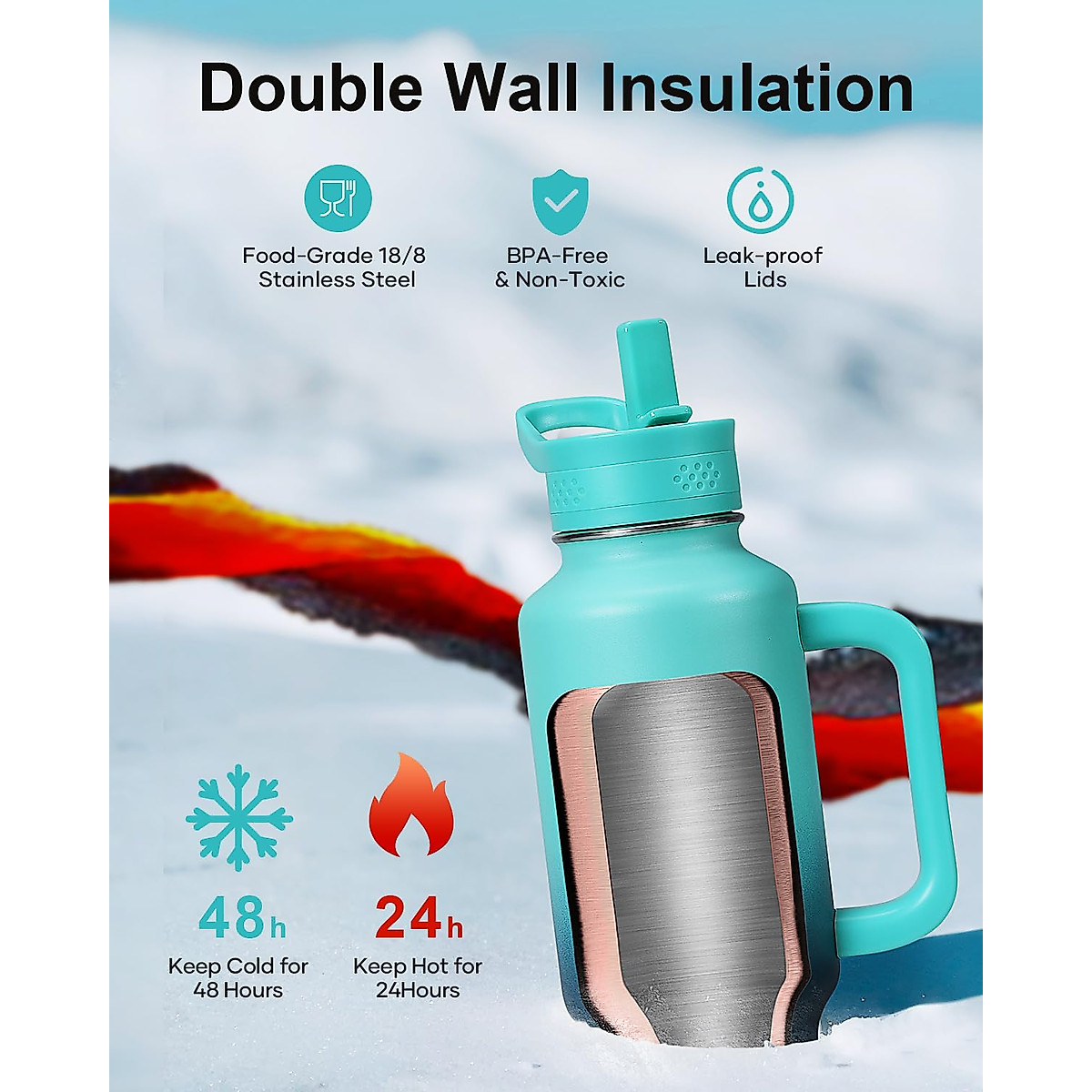 BUZIO 40 oz Tumbler with Handle and Straw, Stainless Steel Insulated Water Bottle Fits in Cup Holder with Straw & Spout Lid, Leak-Proof BPA-Free Travel Mug Keep Cold 48hrs &Hot 24hrs, Caribbean Blue