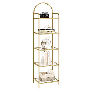 Hzuaneri Bookcase Bookshelf, Tempered Glass Bookshelves, Slim Shelving Unit for Bedroom, Bathroom, Home Office, Steel Frame, 5 Tier Gold BC05001G
