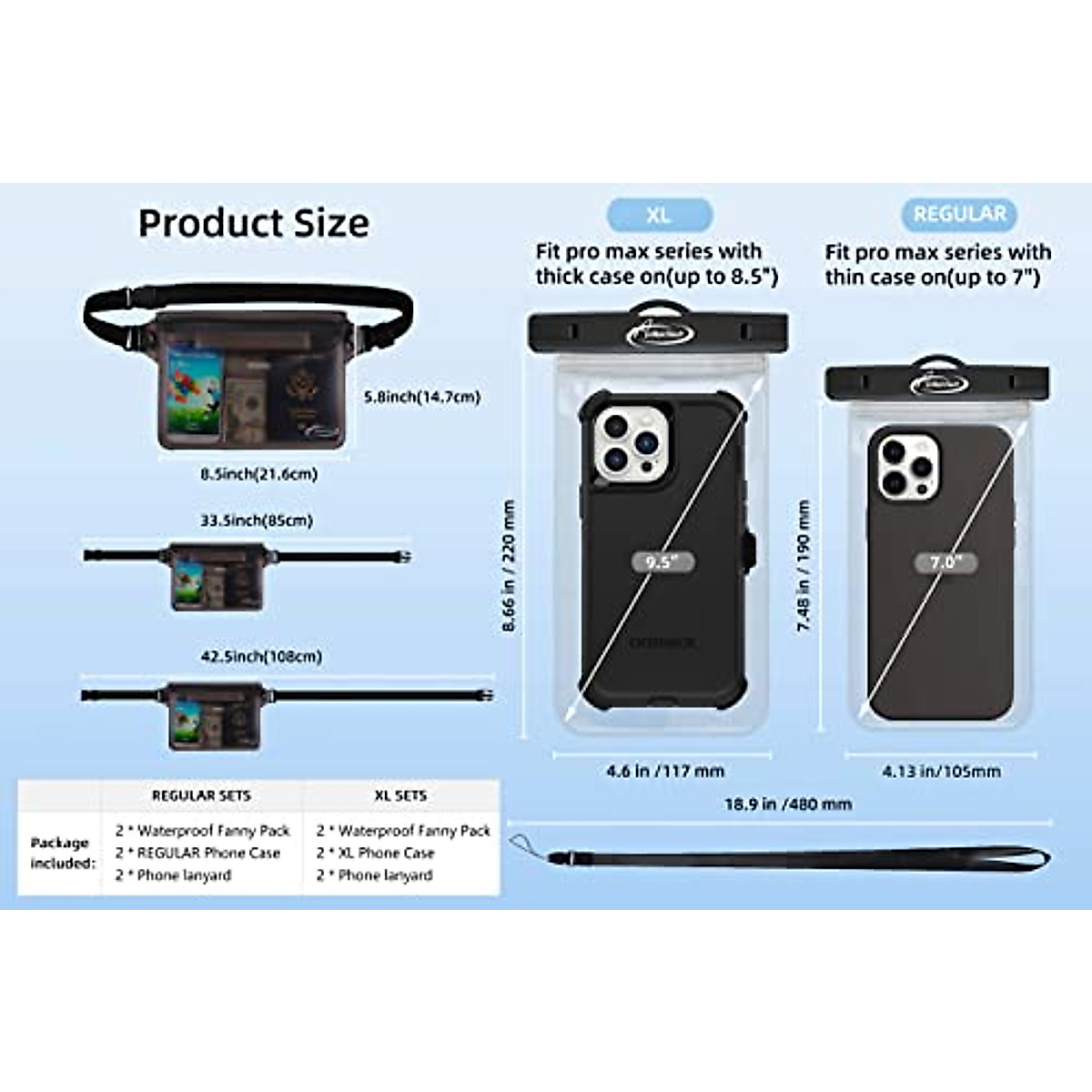 AiRunTech Waterproof Dry Bag and Waterproof Cell Phone Bag for Outdoor Water Sports, Boating, Hiking,Kayaking,Fishing (2 * Phone case(Clear) + 2 * Fanny Pack(Black+Gray))