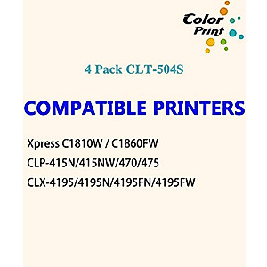 Color Print Compatible CLT504S Toner Cartridge Replacement for Samsung CLT-504S Black 504S for Xpress SL-C1810W SL-C1860FW CLP-415N CLP-415NW CLX 4195N 4195FN 4195FW C1810W Printer (BK,C,M,Y, 4-Pack)