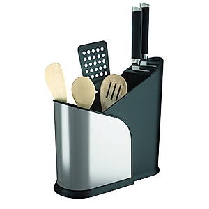 Umbra Furlo, Expandable Kitchen Utensil Holder, Multi-Functional Caddy Organizer with Divider and Extra Storage, Ideal for Keeping Knives and other Utensils Instantly Accessible, Black/Stainless Steel