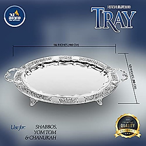Silver Plated Menorah Tray with Handles - 16 Inch x 12 Inch - for Shabbos, Yom Tov, Hanukkah Drip Tray - Large Oval Silver Tray - Ner Mitzvah