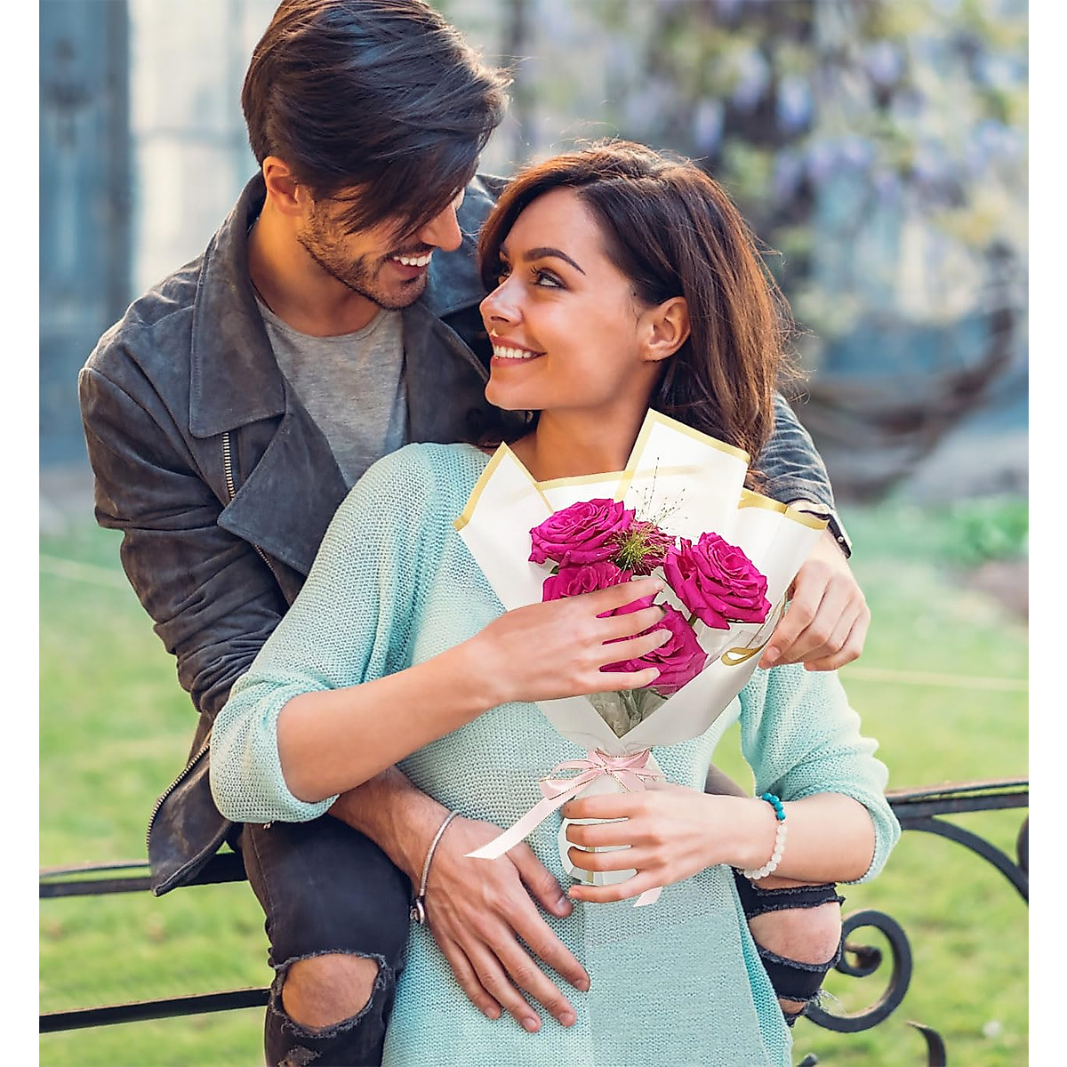 Unarty 20 Sheets White Flower Wrapping Paper with Ribbon, 24Pcs Gold Butterfly Decorations, 50Pcs Flower Pins, Waterproof Bouquet Wrapping Paper with Gold Edge, White Flower Paper Wrap