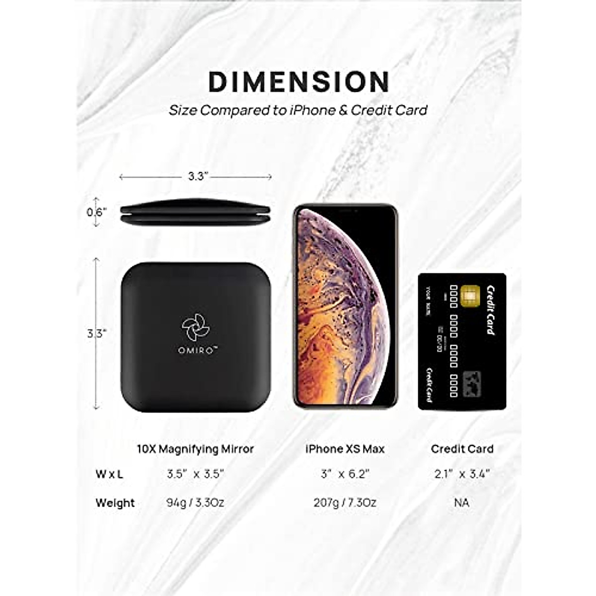 OMIRO Folding Compact Mirror, 1X/10X Magnification 3½” Pocket Size Square Hand Mirror for Travel Makeup (Black)