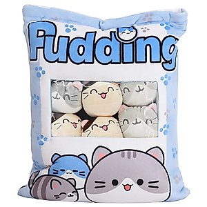 Nenalayo Cute Kitty Cat Snack Pillow Pudding Decorative Stuffed Animal Dolls for Bed Couch Creative Toy Gifts for Teens Girls Kids (Blue)