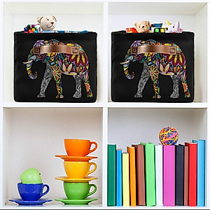 ALAZA Decorative Basket Rectangular Storage Bin, Cheerful Indian African Elephant Boho Organizer Basket with Leather Handles for Home Office