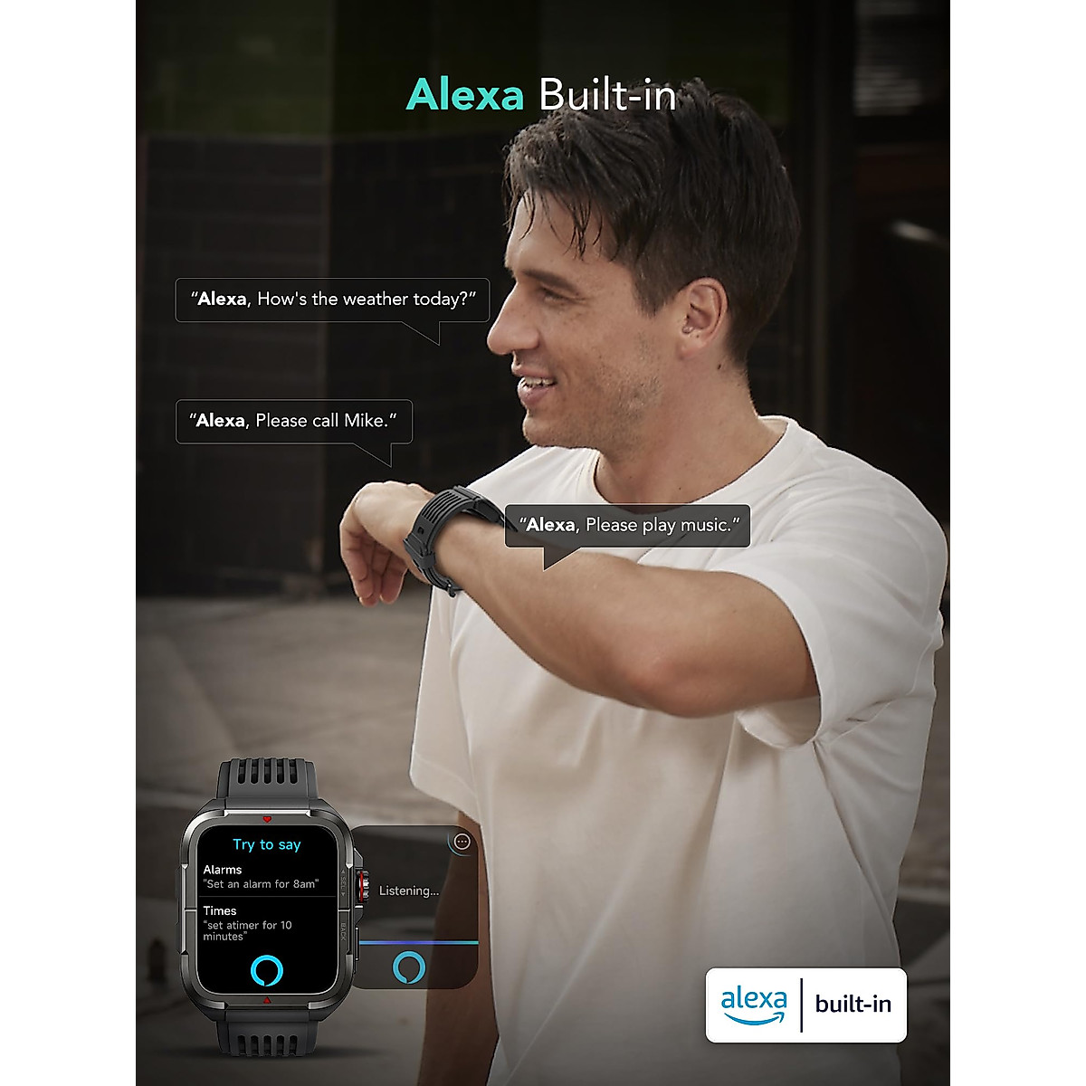 SKG R8 Military Smart Watches for Men (Answer/Make Call) Alexa Built-in, 1.8'' Rugged Bluetooth Tactical Smartwatch for Android iPhone, IP68 Waterproof Fitness Tracker Heart Rate Monitor, 2023 New