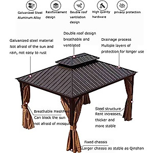 Hardtop Gazebo, 10X 10ft Outdoor Double Roof Canopy, Aluminum Frame Permanent Pavilion with Curtains and Netting, Sunshade for Garden