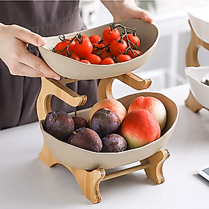 Mangoton 2 Tier Fruit Basket for Kitchen Counter,Ceramic Fruit Bowl for Kitchen Counter,Fruit Holder,Organizador de Cocina,Large Khaki