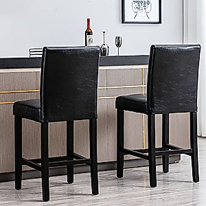 GOTMINSI Set of 2 Classic 24 Inches Counter Height Stools Upholstered Bar Stools with Solid Wood Legs and Black Leather Counter Stool(PU Black)