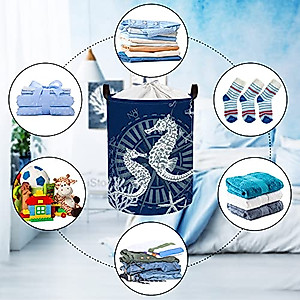 Clastyle 45L Waterproof Blue Seahorse Laundry Baskets for Clothes Collapsible Animal Storage Laundry Hamper with Drawstring, 14.2 * 17.7 in
