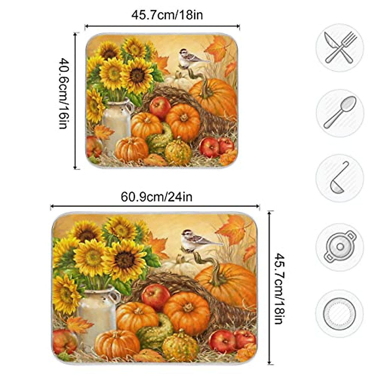 Fall Sunflowers Pumpkin Bird Dish Drying Mat, Drying Mat For Kitchen Counter, Absorbent Polyester Material, Heat-resistant Drying Mat 16 In x 18 In
