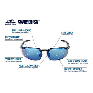 Bullhead Safety Swordfish Polarized Safety Glasses, ANSI Z87+, Blue Light Glasses with UV Light Protection and Anti-Scratch Coating, Ballistic Rated, Blue Mirror Lenses, Matte Black Frame