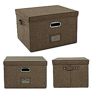 JSungo File Box with 5 Hanging Filing Folders, Document Organizer Storage for Office, Collapsible Linen Storage Box with Lids, Home Portable Storage with Handle, Letter Size Legal Folder, Brown
