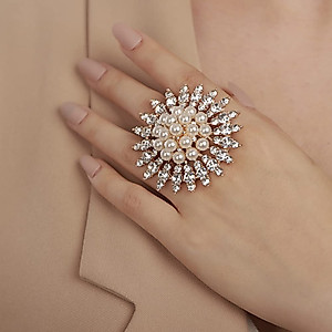 YERTTER Vintage Gold Round Pearl Ring Wide Ethnic Style Women Statement Ring Rhinestone Exaggerated Cocktail Ring Vintage Rhinestone Ring for Wedding Women Girls (Gold）