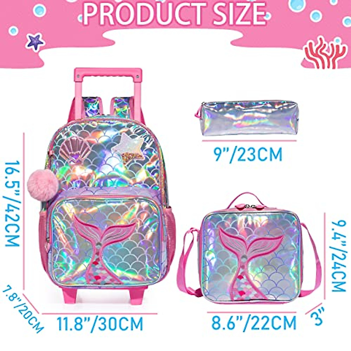 ZBAOGTW Mermaid Rolling Backpack for Girls Kids Backpack with Wheels for Elementary Kindergarten Girls Wheeled Backpack Carry on Luggage for School Travel