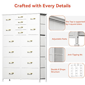 YILQQPER Tall Dresser for Bedroom,16 Drawer Dressers & Chests of Drawers, White Fabric Bedroom Dresser with Wood Top, Metal Frame, Tall Storage Tower for Closet Entryway, White
