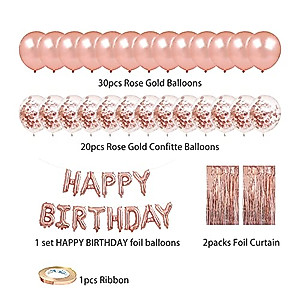 Rose Gold Birthday Party Decoration, 50PCS Rose Gold & Confetti Latex Balloons, Happy Birthday Balloons Banner with 2 Foil Fringe Curtains, Birthday Decorations for Women Girls