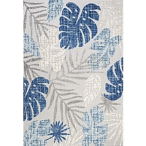 JONATHAN Y AMC113A-3 Monstera Tropical Leaf High-Low Indoor Outdoor Area-Rug, Coastal Floral Transitional Easy-Cleaning,Bedroom,Kitchen,Backyard,Patio,Non Shedding, 3 X 5, Light Gray/Navy
