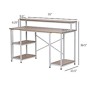 HOMCOM 55 Inch Home Office Computer Desk Study Writing Workstation with Storage Shelves, Elevated Monitor Shelf, CPU Stand, Durable X-Shaped Construction, Oak Wood Grain