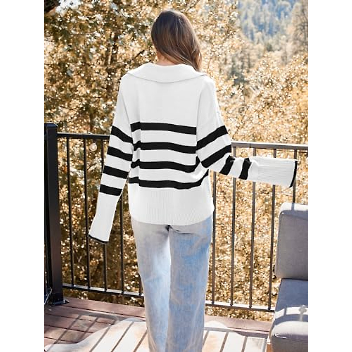 LILLUSORY Womens Striped Oversized V Neck Trendy Sweaters Long Sleeve Tops Fall Fashion Clothes Outfits 2025 White X-Large
