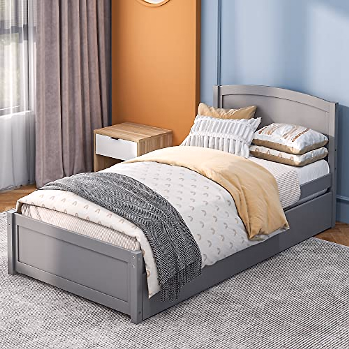 TOLEAD Daybed with Trundle, Twin Size Pull Out Bed, Solid Wood Extendable Day Bed with Pop Up Trundle, Include Slat Support (Grey, Trundle)
