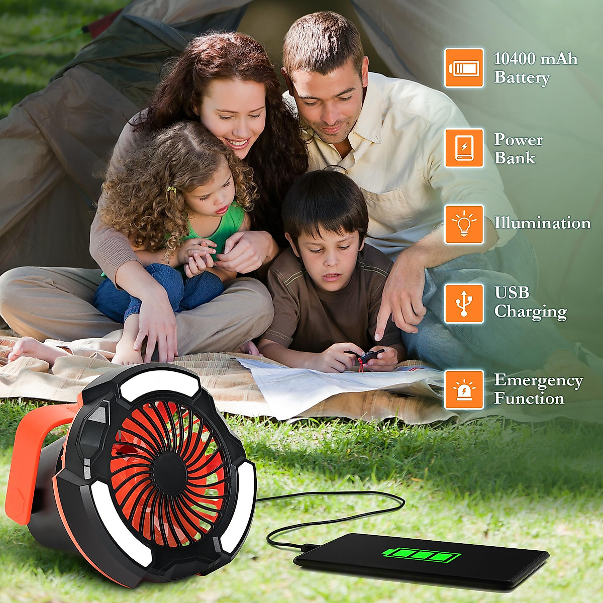 10400mAh Camping Fan with LED Lantern, Battery Operated Powered Fan with Hang Hook, Mobile Power Bank, 180°Head Rotation, Rechargeable Fan Portable for Picnic, Barbecue, Fishing, Travel, Home (Orange)