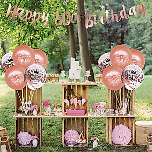 Happy 60th Birthday Banners Women, Rose Gold 60th Birthday Decorations Kit with Happy 60th Birthday Banner Bunting 12Inch Happy 60th Birthday Confetti Balloons for 60th Birthday Party Supplies