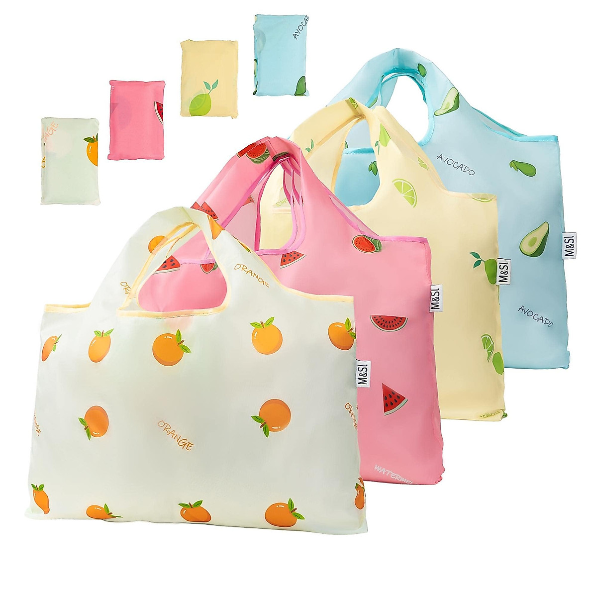 M&Sl Set of 4 Reusable Grocery Bags - Washable, Foldable, Packable Tote bags with Large Handles. Heavy Duty- Eco-Friendly Shopping Bags.