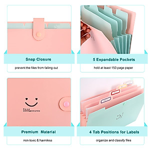 EOOUT 8pcs Expanding File Folder, 5 Pockets Accordion Folder File Organizer A4 Letter Size with 64 Labels, for School and Office