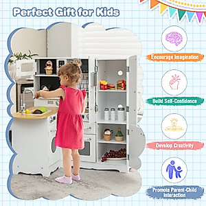 Costzon Kids Corner Kitchen Playset, 11-in-1 Wooden Play Kitchen Toy Set w/Realistic Washing Machine, Microwave, Oven, Stove, Refrigerator, Water Dispenser, Range Hood, Telephone, Utensils, Sink