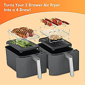 Dual Basket Air Fryer Accessories, Set of 10 Fit for Ninja Dual Air Fryer DZ201, DZ401 & Most 8 Quart - 10 Quart and Larger Dual Zone Air Fryer, Include Cake Pizza Pan, Rack & Skewer, Paper Liner, etc