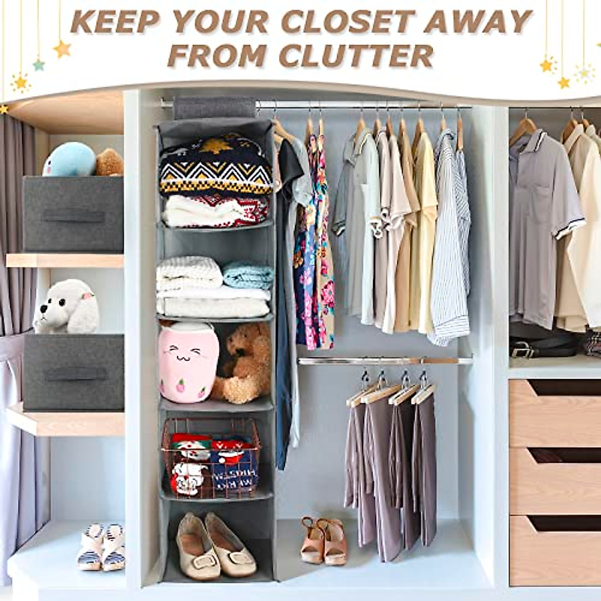2 Pcs 5-Shelf Hanging Closet Organizer and 4 Pcs Removable Drawers, 11 x 11 x 39 Inch Hanging Storage Organizer Hanging Shelves for Closet Bedroom Dorm College Room, Clothes Socks Underwear Hat